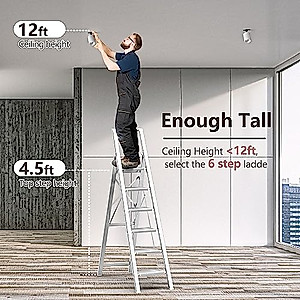 6 Step Ladder for 12 Feet High Ceiling, Lightweight Aluminum Folding Step Stool with Convenient Handgrip, Stepladders with Anti-Slip and Wide Pedal for Home and Kitchen Use Space Saving - Silver