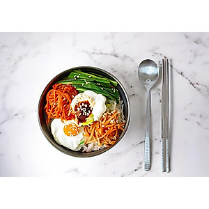 Korean Chopsticks Spoon 2 Set - METAL STAINLESS STEEL -Printed Hangul Characters (Hangul-Silver)