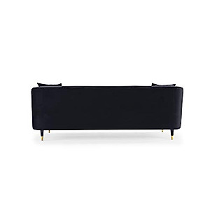 Iconic Home Julia Sofa Velvet Upholstered Channel-Quilted Button Tufted Cushion Shelter Arm Design Espresso Finish Gold Tip Wood Legs Modern Contemporary, Black