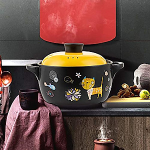 AHUONEL Ceramic Stockpot Clay Cooking Pot Cookware Stovetop, Cartoon Pattern Stew Pot Hot Pot Clay Pots Soup Pot Casserole Cooking Pot 2.6 Quart Yellow Cat