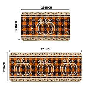 Artoid Mode Buffalo Plaid Pumpkin Fall Kitchen Mats Set of 2, Home Decor Low-Profile Kitchen Rugs for Floor - 17x29 and 17x47 Inch
