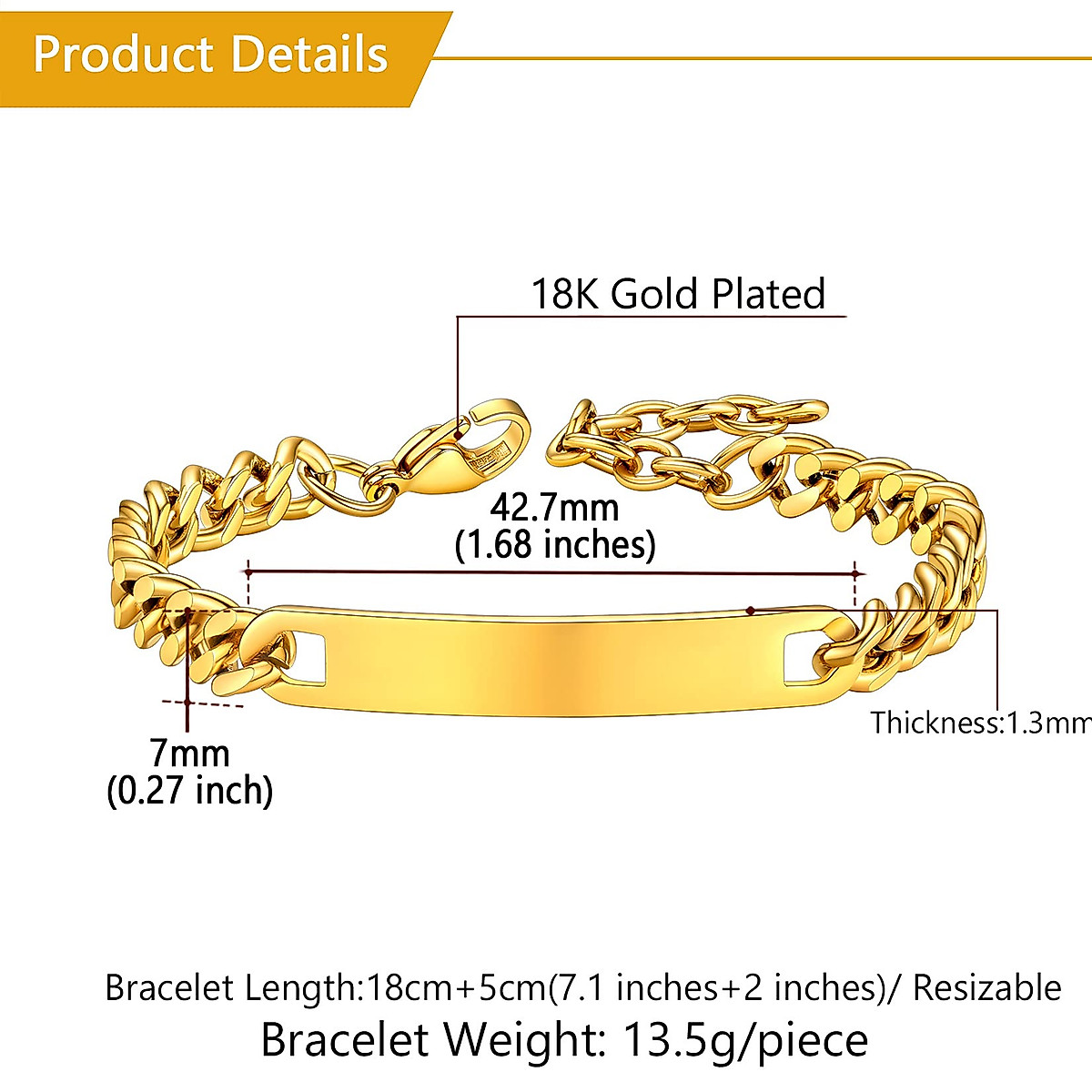 U7 Engraved ID Bracelet Adjustable 7" to 9" Gold Plated Cuban Chain Custom Coordination Quote Message Bar Bracelets for Men Women