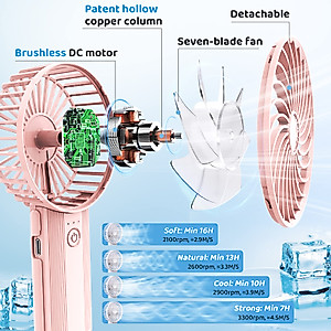 udodik Portable Hand Held Fan-Handheld Personal Fan Rechargeable with 4 Speeds,Super Quiet,16 Hours of Use-Perfect for Airplane Beach Travel,Office,Gifts for Women-Pink……