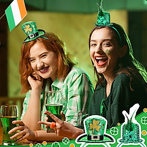 2 Pieces St. Patrick's Day Top Hat Headband Irish Sequin Shamrock Green Hat Headband Saint Patty's Day Headband St Patricks Day Headwear Accessories Irish Feathered Headbands for Women and Children