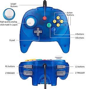 KIWITATA Mini Game Controller for N64 Console, Classic Retro N64 Wired 64-bit Remote Controller Upgraded Joystick Gamepad Replacement Clear Blue