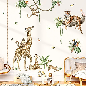 wondever Large Jungle Animal Tree Branch Wall Stickers Safari Giraffe Tiger Monkey Peel and Stick Wall Art Decals for Baby Nursery Kids Bedroom Playroom