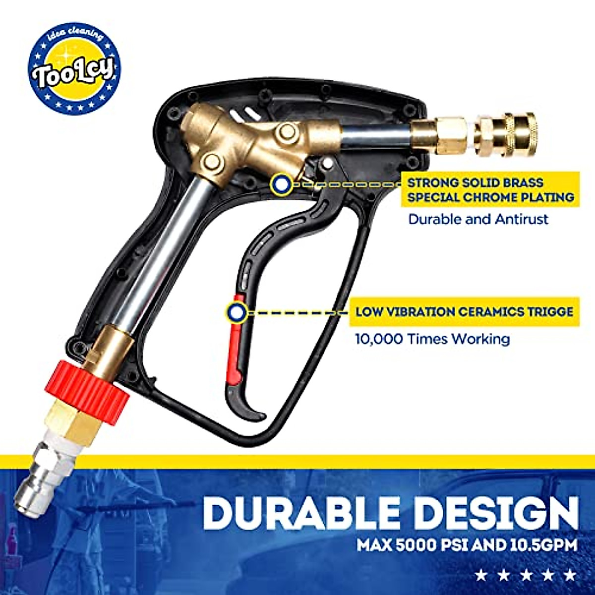 TOOLCY Pressure Washer Short Gun, Commercial 5000 PSI / 10.5 GPM with Nozzle Tips, 3/8" Swivel USA-NPT Thread x Quick Socket, Sturdy Design for Gas Power Washer