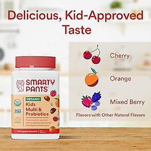 SmartyPants Organic Kids Multivitamin Gummies: Probiotics, Omega 3 (ALA), Vitamin D3, C, Vitamin B12, B6, Vitamin A, K & Zinc for Immune Support, Three Fruit Flavors, 120 Count (30 Day Supply)