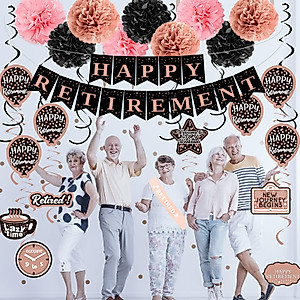 Retirement Decorations Women Rose Gold Happy Retirement Party Decorations Female (52pack) Happy Retirement Banner Gifts, Retirement Decor Double-Sided Pattern Card, Pompoms, Hanging Swirl Retired Sash