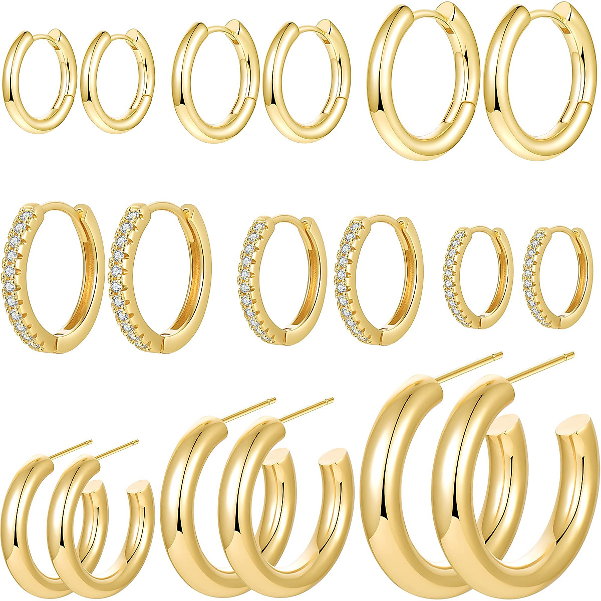 Cuicanstar 9 Pairs Chunky Gold Hoop Earrings Lightweight 14K Gold Hoops Earrings Minimalist Cubic Zirconia Huggie Earrings Set for Women