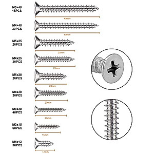 WELLOCKS Wood Screws 265 PCS 304 Stainless Steel M3/M4/M5 Self Tapping Screws Assortment Set, Flat Head Rust Proof Wood Screw Kit with Storage Box for Homemade, Repair, Woodwork Indoor Outdoor (D034)