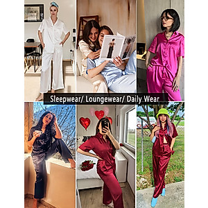 Ekouaer Womens Silk Satin Pajama Sets 2 Piece Pjs Soft Button Down Sleepwear Wide Leg Long Pants Loungewear with Pockets White