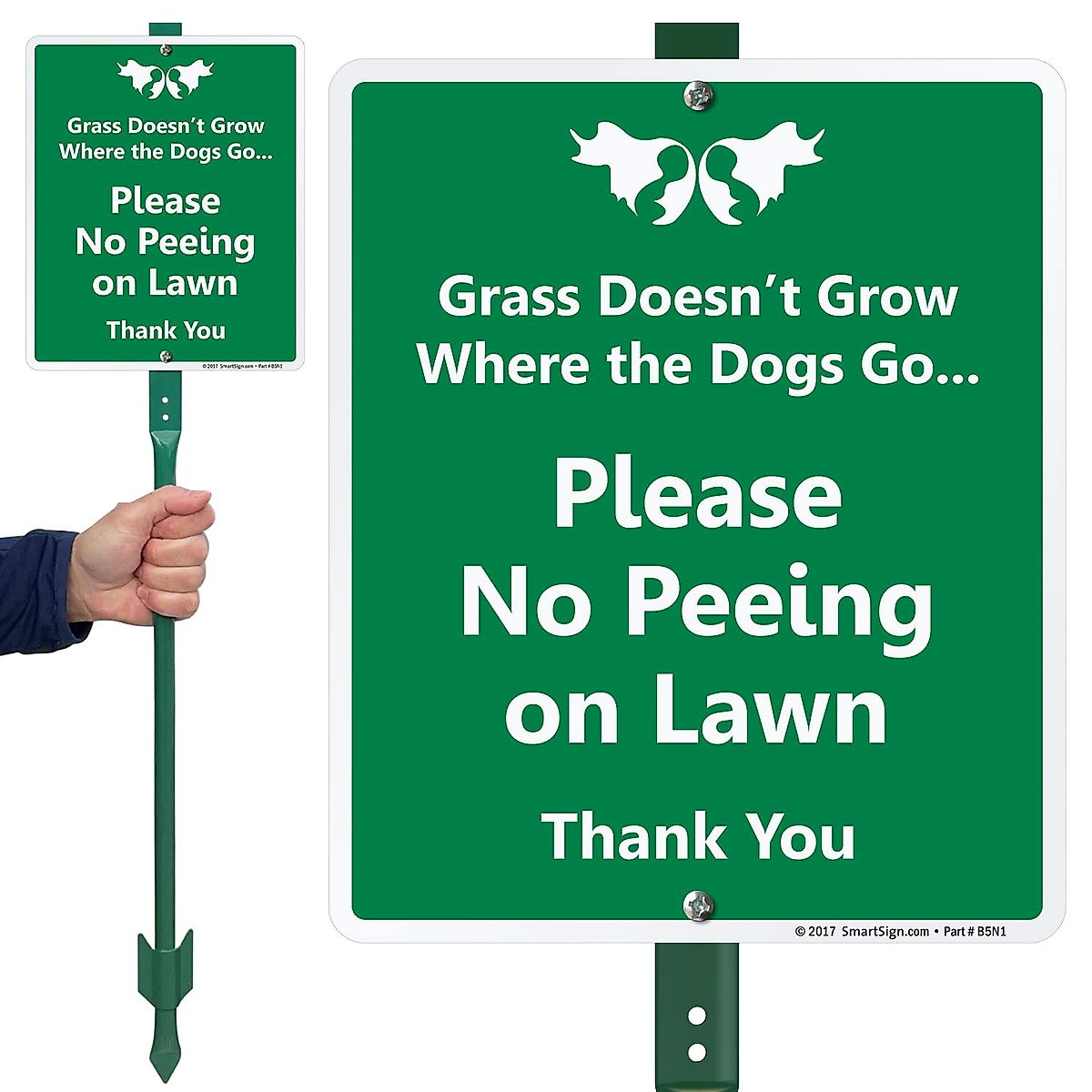 SmartSign 12 x 10 inch “Grass Doesn't Grow Where The Dogs Go - Please No Peeing On Lawn” LawnBoss Yard Sign with 3 foot Stake, 40 mil Laminated Rustproof Aluminum, White and Green, Set of 1, USA-Made
