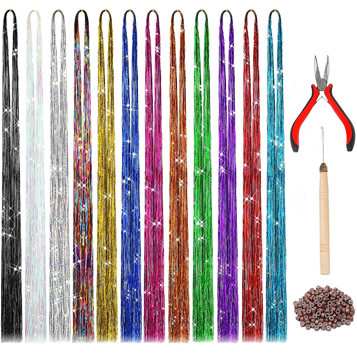 FEBSNOW 47 Inches Tinsel Hair Extension with Tool 12 Colors 2400 Strands Hair Extension Tinsel Kit Glitter Hair Extensions for Women Girls Hair Accessories for Christmas New Year Cosplay Party