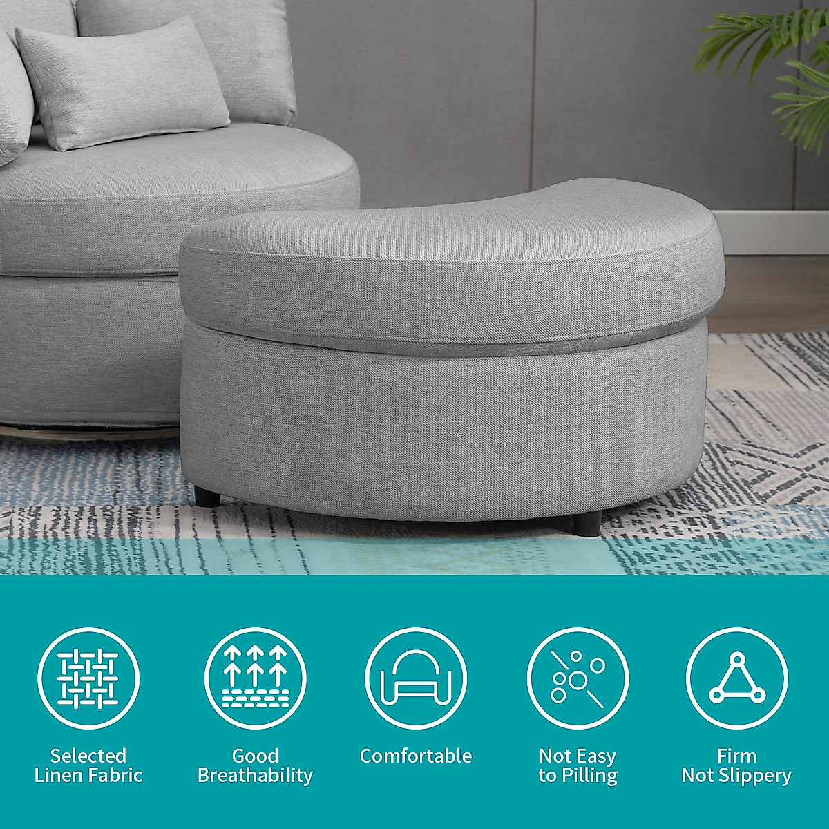 BALUS Modern Swivel Accent Barrel Sofa Chair, with Half Moon Storage Ottoman, Linen Fabric Leisure Round Chair,Sofa Lounge Chair with 3 Throw Pillow for Living Room Hotel/Club (Light Grey)