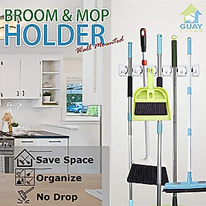 Guay Clean Broom and Mop Holder - Garden Tool Organizer - Home Storage Utility Rack- Strong Grip Hangers with Foldable Hooks - Heavy Duty Wall Mounted Shelf System - Fixed