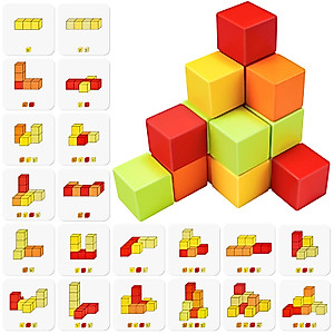 NiToy Wooden Cube Toy 16PCS Building Blocks for Kids 40 Pattern Cards and Storage Pouch, 4 Colors 3D Space Stacking Game STEM Educational Preschool Learning Sensory Toy Counting Math Color Cognition