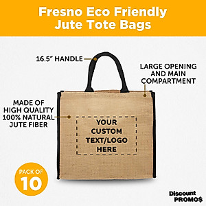 DISCOUNT PROMOS Custom Fresno Eco Friendly Jute Tote Bags Set of 10, Personalized Bulk Pack - Reusable, Great for Tradeshows, Grocery, Shopping and Outdoor Events - Black