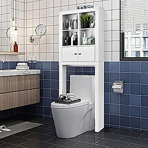 Giantex Over The Toilet Storage Cabinet Shelf, Toilet Shelf Organizer Cabinet Toilet Storage Rack w/ 4 Open Cubes Adjustable Shelves & Double-Door Cabinet, Bathroom Organizer Over Toilet, White