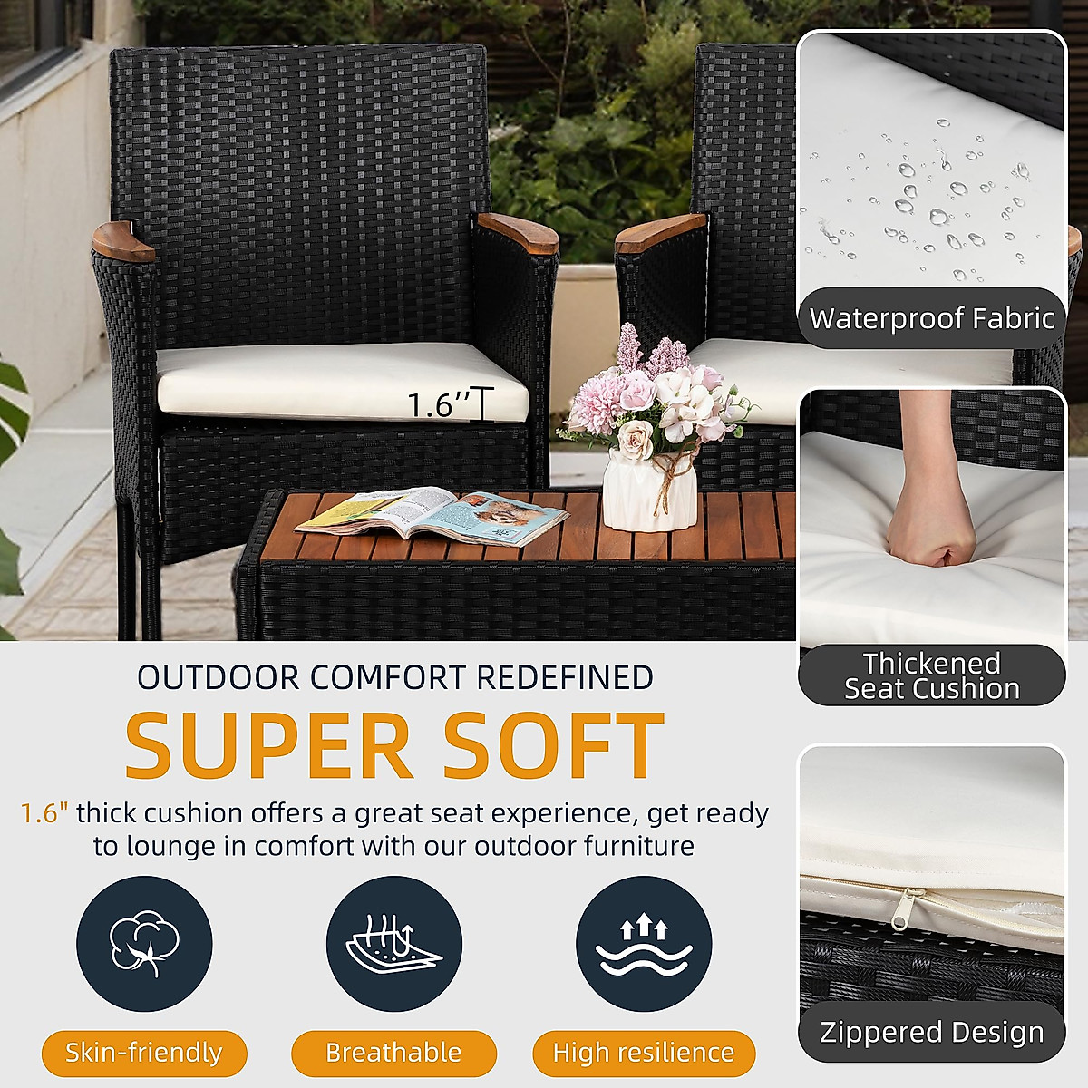 SUNLEI Multi Pieces Outdoor Patio Furniture Sets Conversation Sets Rattan Chair Wicker Set,Glass Table,Outdoor Indoor Use Backyard Porch Garden Poolside (Black, 4 PCS-White/Wood Tabletop)…