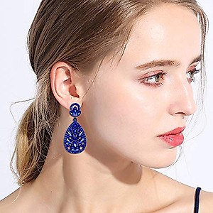 EleQueen Women's Wedding Bridal Austrian Crystal Bohemia Teardrop Chandelier Dangle Earrings Royal Blue Color Blue-Tone