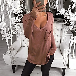 Janepam Womens Tops Shirt Solid Color Plain Long Sleeve Deep V-Neck Low-Cut Long Sleeve Pocket Base Layer Casual Blouse(A Caramel,XL)