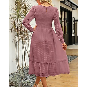Maggeer Spring Long Sleeve Dress for Women 2024 Women's A Line Swiss Dot Wedding Guest Engagement Work Ladies Smocked Midi Causal Dresses Mauve L