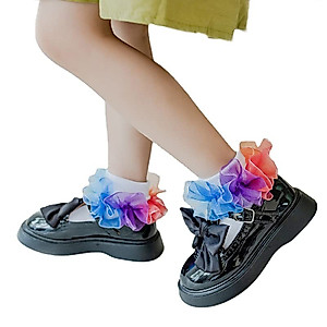 Hopply Toddler Girls Double Lace Socks Turn Cuff Shimmering Big Ruffle Rainbow Style Dress Lace Socks for Infant Kids