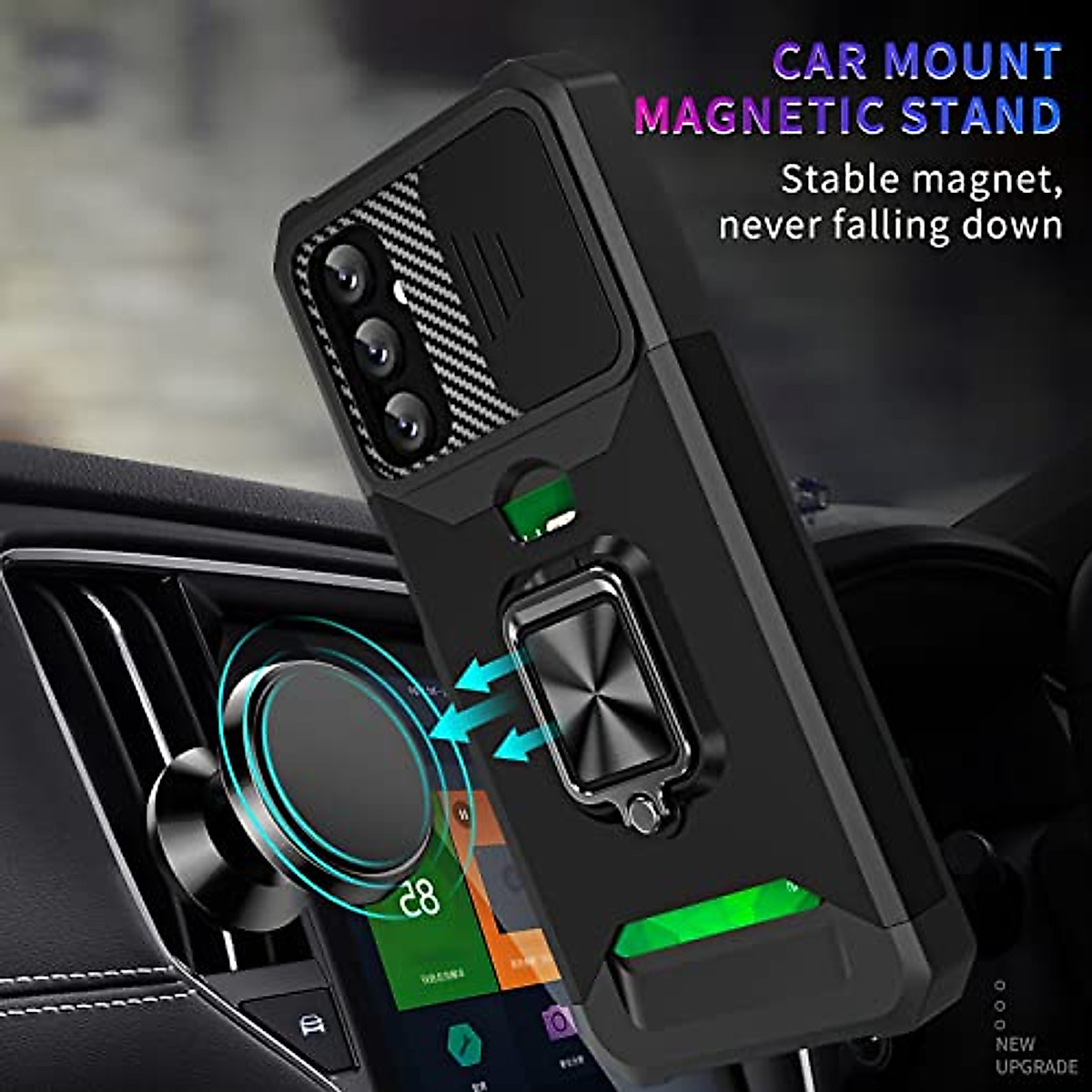 Jusy for Samsung Galaxy A14 5G Case & 2 Screen Protectors, with Sliding Camera Cover, Card Holder Slot and Magnetic Kickstand Ring, Heavy Duty Military Grade Protection Cover, 2023 Black