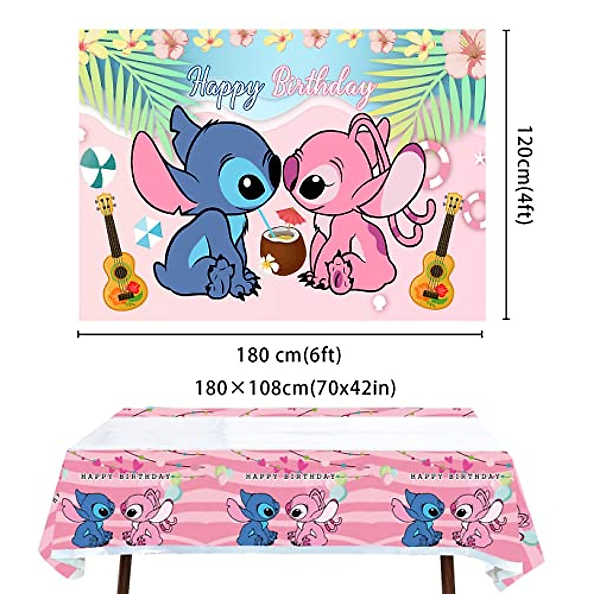 Pink Cartoon Themed Backdrop with Tablecloth 70x42in for Girls Family Birthday Party Decorations Supplies 6x4ft