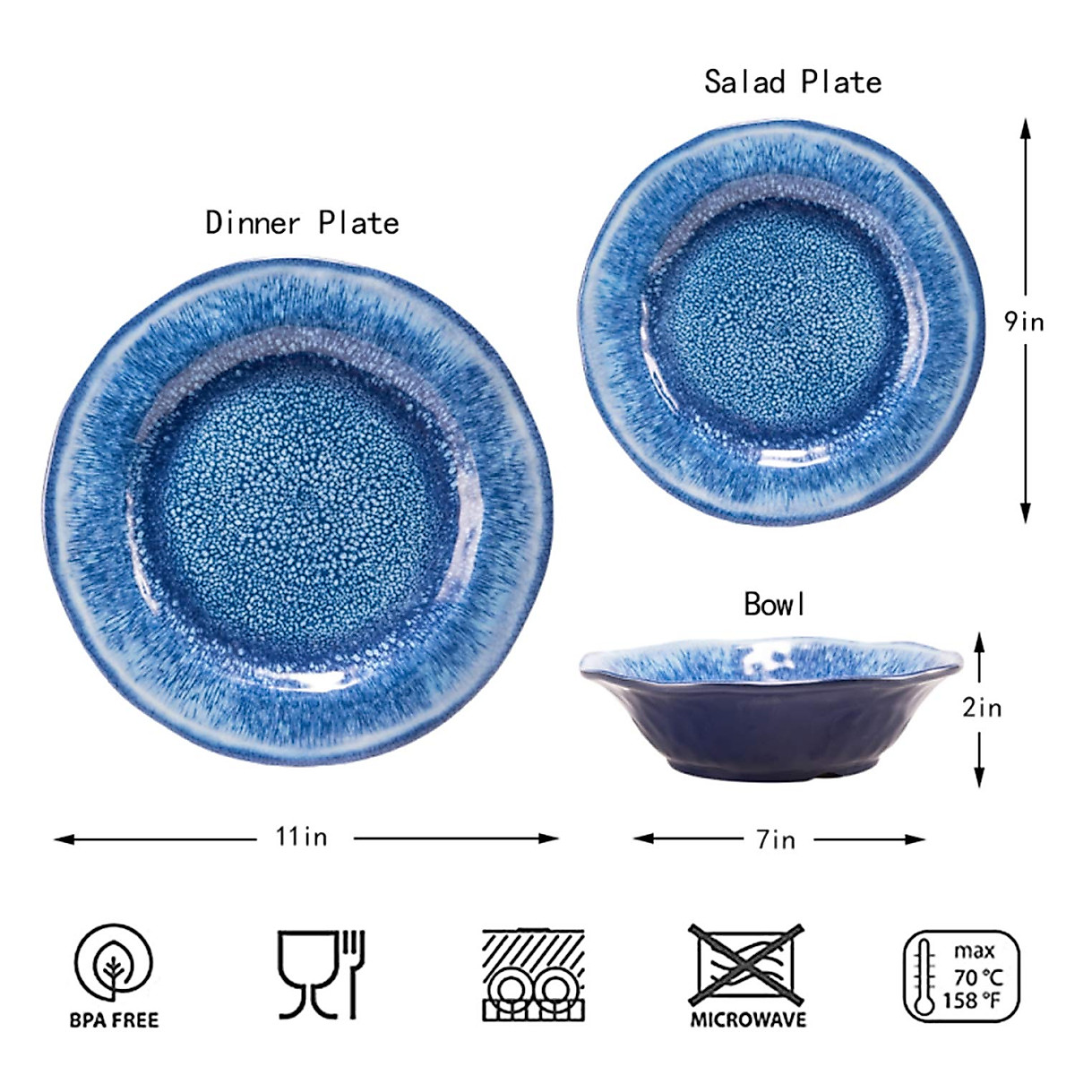Topmela 12 Pcs Blue Melamine Dinnerware Set, Shatterproof and Dishwasher Safe, Ideal for Indoor and Outdoor Use
