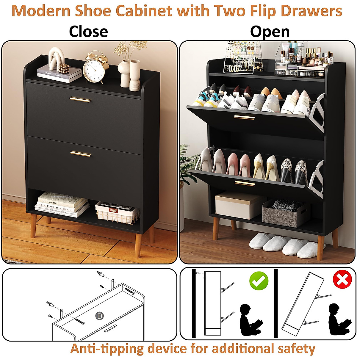 HOMEFORT Shoe Cabinet for Entryway, Shoe Storage Cabinet with 2 Flip Drawers, 30" Narrow Shoe Organizer Cabinet for Front Door Entrance, Modern Slim Hidden Shoe Rack Cabinet in Balck