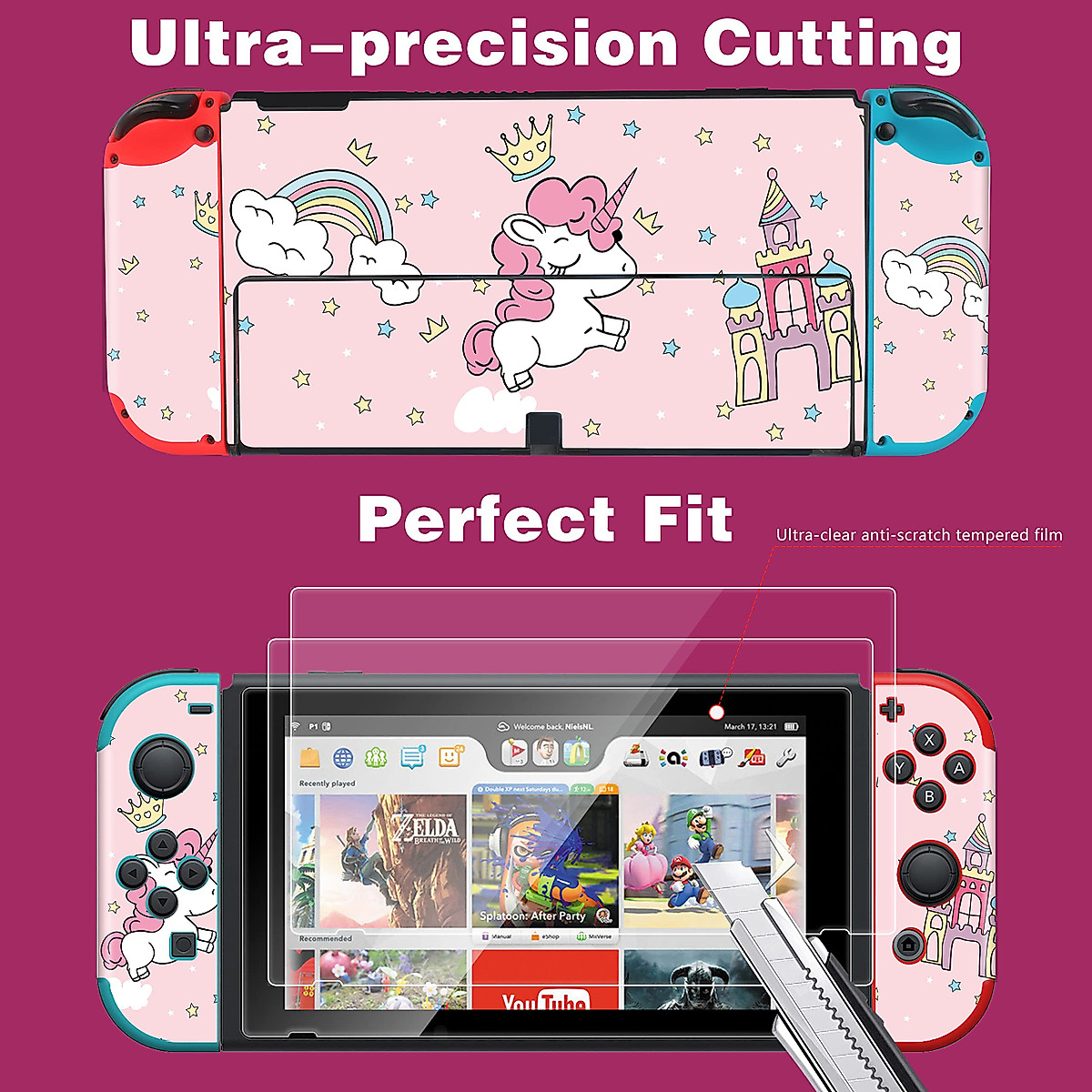 oqpa for Nintendo Switch OLED 2021 Skins Stickers for Girls Boys Kids Cute Kawaii Cartoon Character Design Fun Decals with Tempered Glass Screen Protector for Nintendo Switch OLED(Pk Lash)