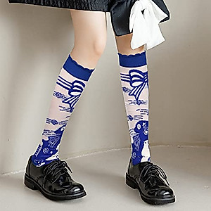 Benefeet Sox Womens Girls Cute Lace Knee High Socks Blue Sheer Mesh Knee High Stockings Transparent See Through Ultra Thin Silk Fancy Silly Cat Patterned Printed Long Stocking Socks, Blue Bow Cat