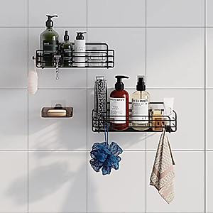 2-Pack Adhesive Shower Caddy With 4 Magic Hooks and 1 Pack Soap Dishes, No Drilling Rustproof Stainless Steel Eaeregs Shower Organizer for Inside Shower & Kitchen Storage(Matte Black Round wire style)
