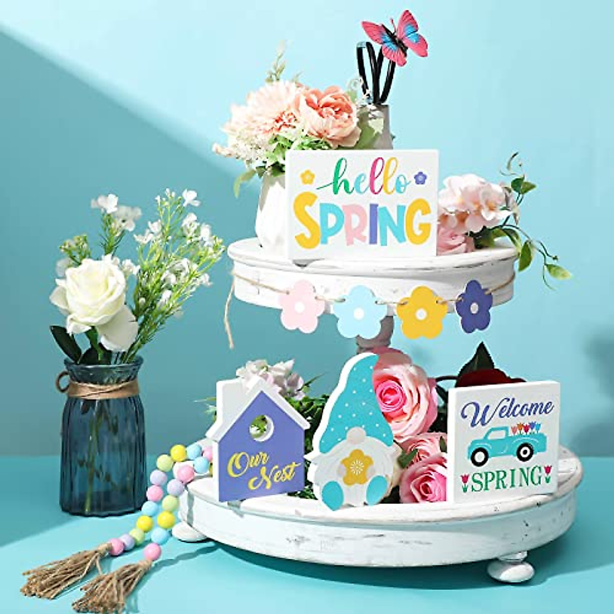 10 Pieces Easter Tiered Tray Decoration Hello Spring Tiered Tray Decor Farmhouse Wood Decor Fresh Flower Market Home Gnome 3D Sign Seasonal Bloom Butterfly Kitchen Wooden Ornament (Flower Style)