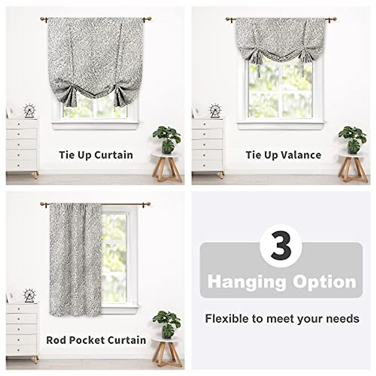 DriftAway Farmhouse Double Layer Linen Blackout Tie Up Curtains Thermal Insulated Striped Fully Lined Balloon Roman Shade Bathroom Window Adjustable Rod Pocket 45 Inch by 63 Inch Roman Black