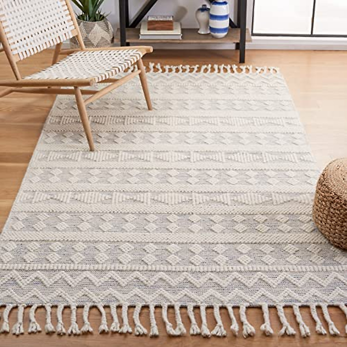 SAFAVIEH Natura Collection Accent Rug - 4' x 6', Ivory & Blue, Handmade Flat Weave Moroccan Boho Rustic Braided Tassel Wool, Ideal for High Traffic Areas in Entryway, Living Room, Bedroom (NAT309A)