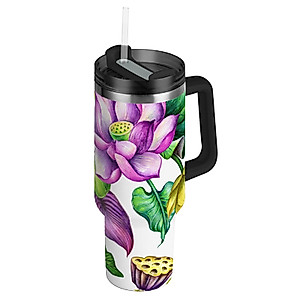 Yasala Car Tumbler with Handle Lotus Dragonfly Spring Travel Mug Coffee Cup Insulated Beverage Container Mega Cup for Hot Cold Drinking Thermos Water Bottle Cupholder Friendly 40 oz