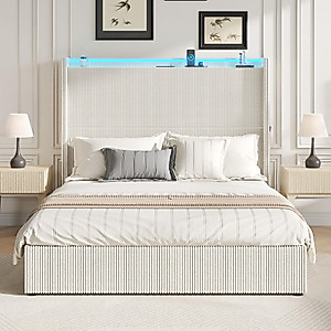Fameill Queen Size Lift Up Storage Bed Frame with 51.2'' Tall Wingback Headboard, Corduroy Upholstered Platform Bed, LED Lights and Charging Station, No Box Spring Needed, Noise Free, Beige