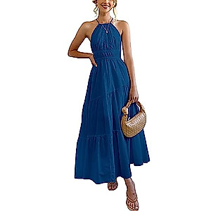 Womens Halter Sleeveless Boho Dress Casual Sexy Flowy Pleated High Waist A-Line Babydoll Midi Dresses for Women