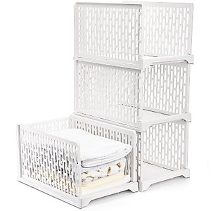 AVLA 4 Pack Stackable Plastic Storage Basket, Plastic Foldable Closet Organizer Storage Bins, Wardrobe Storage Box Clothes Drawer Shelf Container for Cupboard Bedroom Dorm Bathroom Kitchen Office