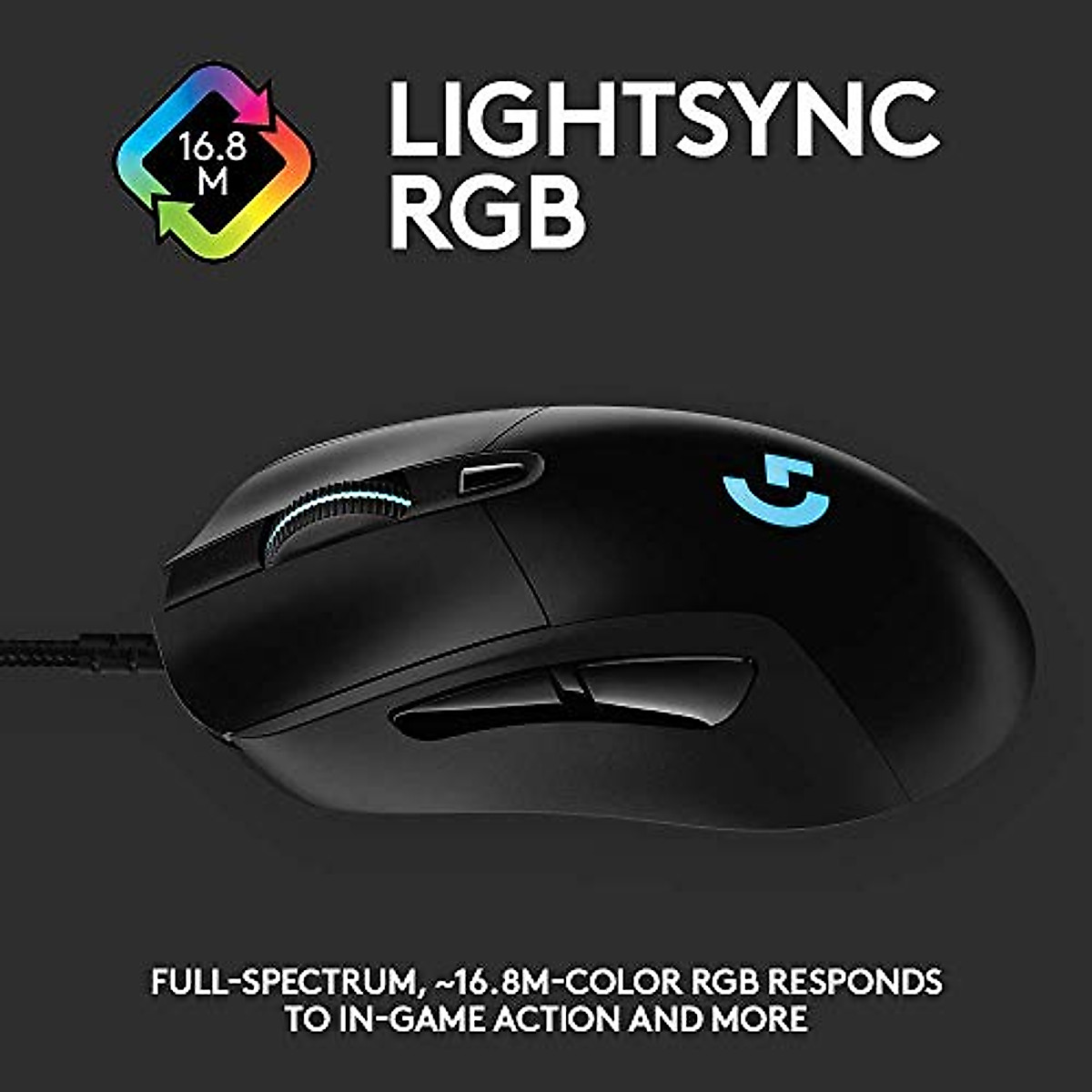Logitech G403 Hero 25K Gaming Mouse, Lightsync RGB, Lightweight 87G+10G, Braided Cable, 25,600 DPI, Rubber Side Grips (Renewed)