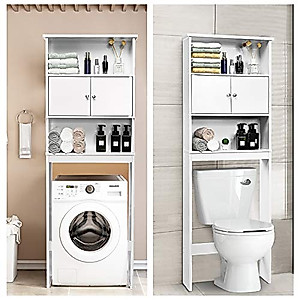 Giantex Over The Toilet Storage Cabinet w/Three-Layer Shelf & Two Doors, Landing Over Toilet Space Saver, Home Compact Wooden Tower Rack, Freestanding Bathroom Organizer, Easy Assembly, White