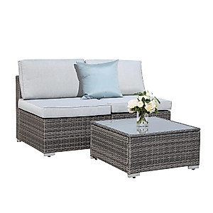 Patiorama 3-Piece Patio Furniture Set, Outdoor Sectional Sofa, All-Weather Grey PE Wicker Rattan Conversation Set,Outdoor Couch Loveseat,Patio Seating for Porch Balcony Garden Pool(Light Grey Cushion)