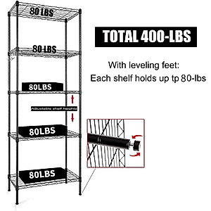 Metal Shelves for Storage Heavy Duty, Wire Rack Shelving Units and Storage, Adjustable Shelves with 4 Hooks for Laundry Bathroom Kitchen Pantry Closet, Black