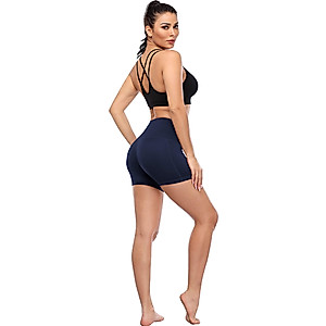 CADMUS High Waist Athletic Shorts for Womens Yoga Fitness Workout Running Shorts with Deep Pockets,3 Pack,1016,Black & Grey & Navy Blue,Medium