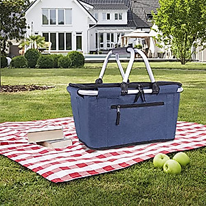 SIYUAN Picnic Basket, 27L Portable Collapsible Basket with Handle, Leakproof Insulated Picnic Cooler Strong Aluminium Frame Shopping Basket for Fishing,Camping,Travel,1 Pack,Blue