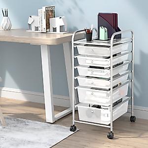 Happygrill 6-Drawer Organizer Cart Tools, Mobile Utility Storage Cart with Removable Drawers & Lockable Wheels, Rolling Storage Cart with Wheels for Home Office,Clear