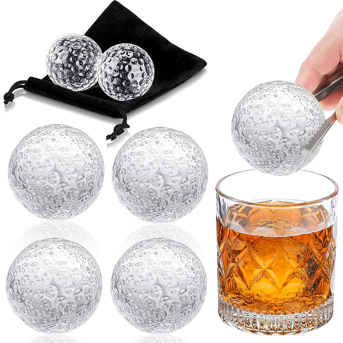 4 Sets Golf Ball Whiskey Chillers Glass Whiskey Rocks with Pouch Chilling Rocks Whiskey Rocks Valentine's Day Gift Set for Men Reusable Bourbon Balls for Chilling Bar Accessories (1.97 Inch)